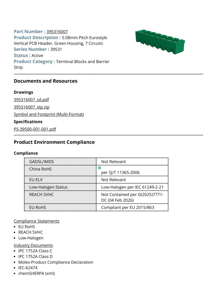 MOLEX 395316007 product document, page 1
