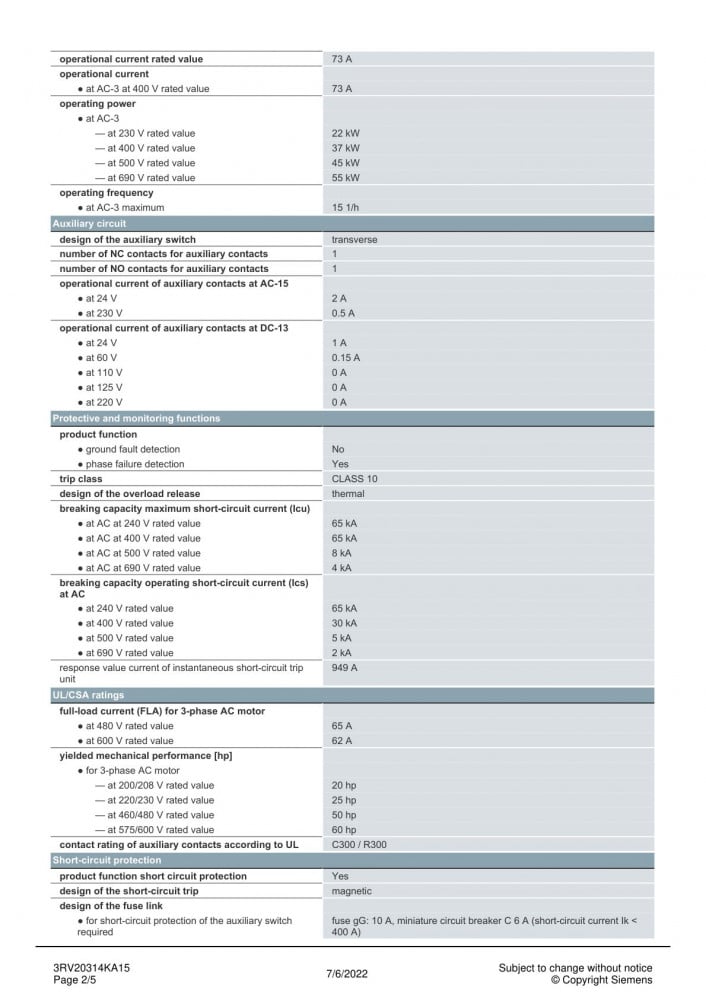 3RV20314KA15 datasheet page 2