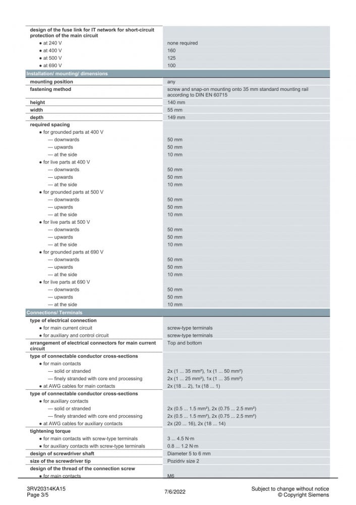 3RV20314KA15 datasheet page 3