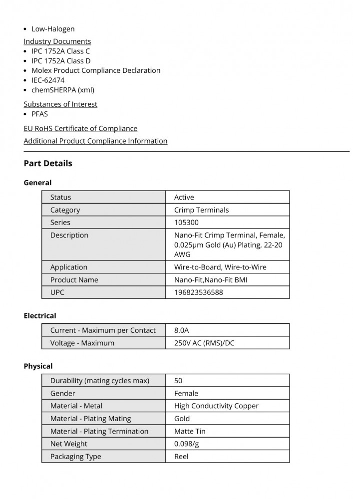 Nano-Fit product specification document page 2