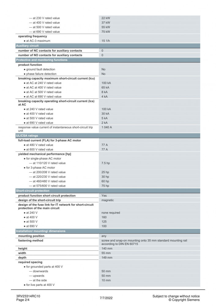 3RV23314RC10 technical document page 2