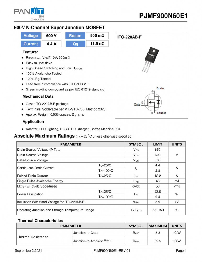 PJMF900N60E1 datasheet page 1