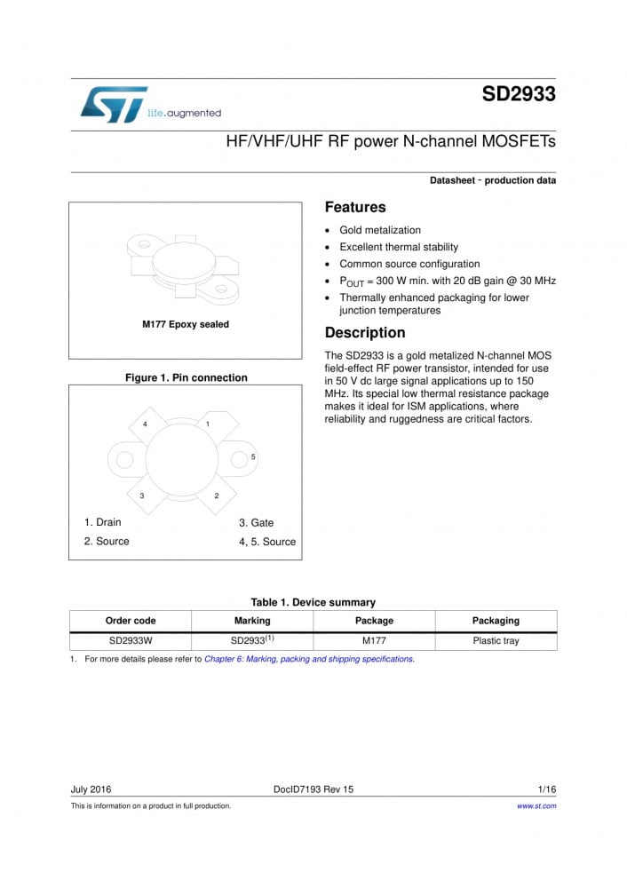 SD2933W datasheet page 1