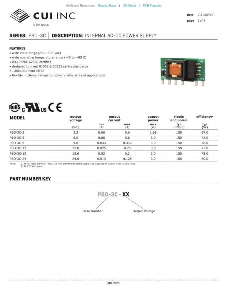 CUI PBO-3C datasheet page 1