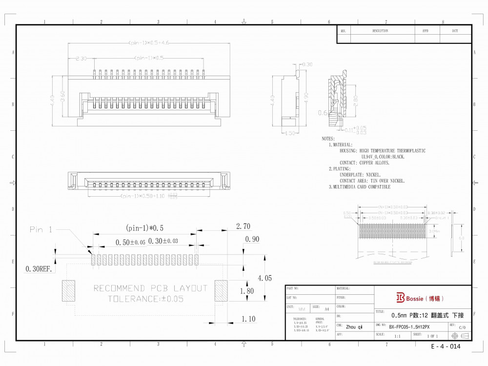 Bossie BX-FPC05-1.5H12PX technical drawing
