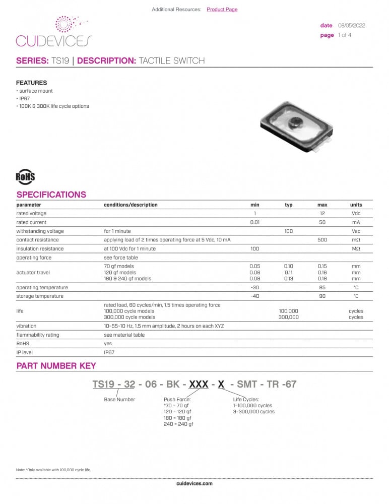 CUI TS19 datasheet page 1