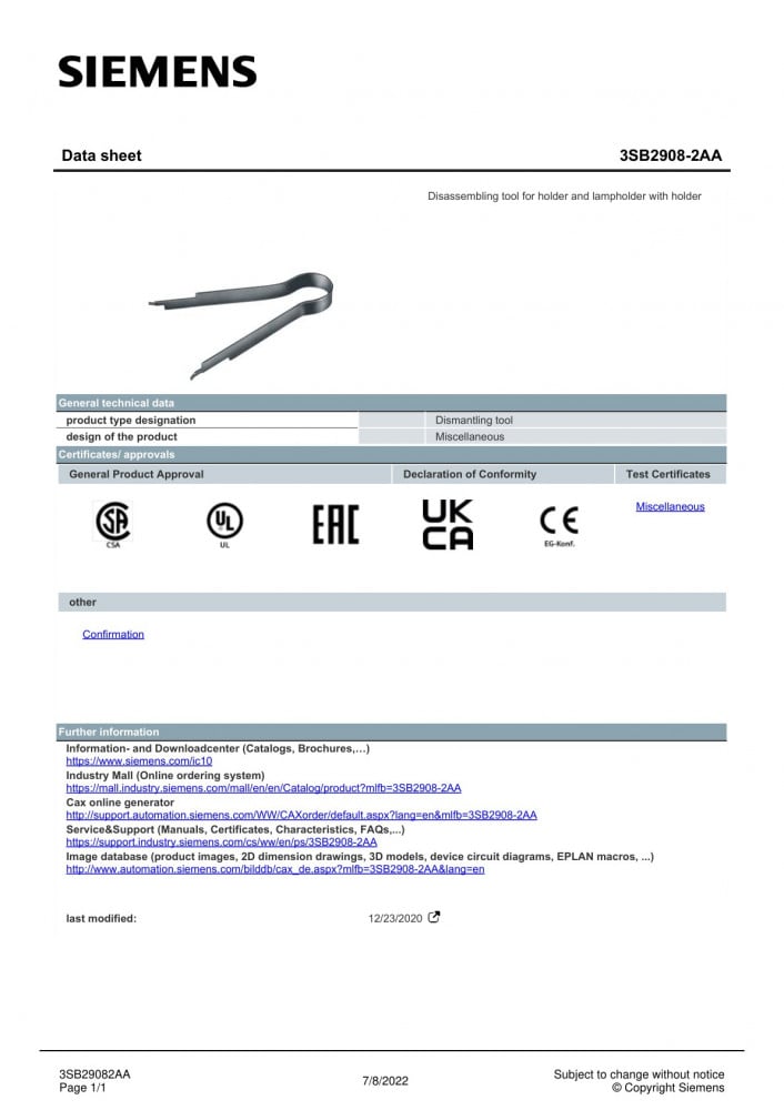 SIEMENS 3SB2908-2AA technical document page