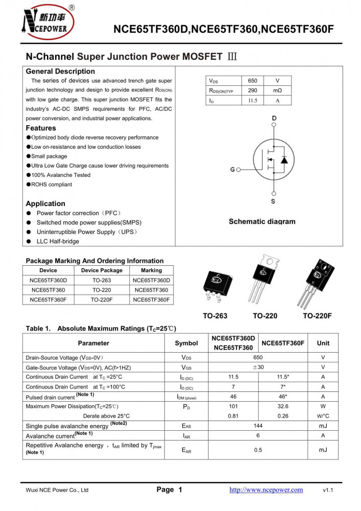 NCE65TF360F datasheet page 1
