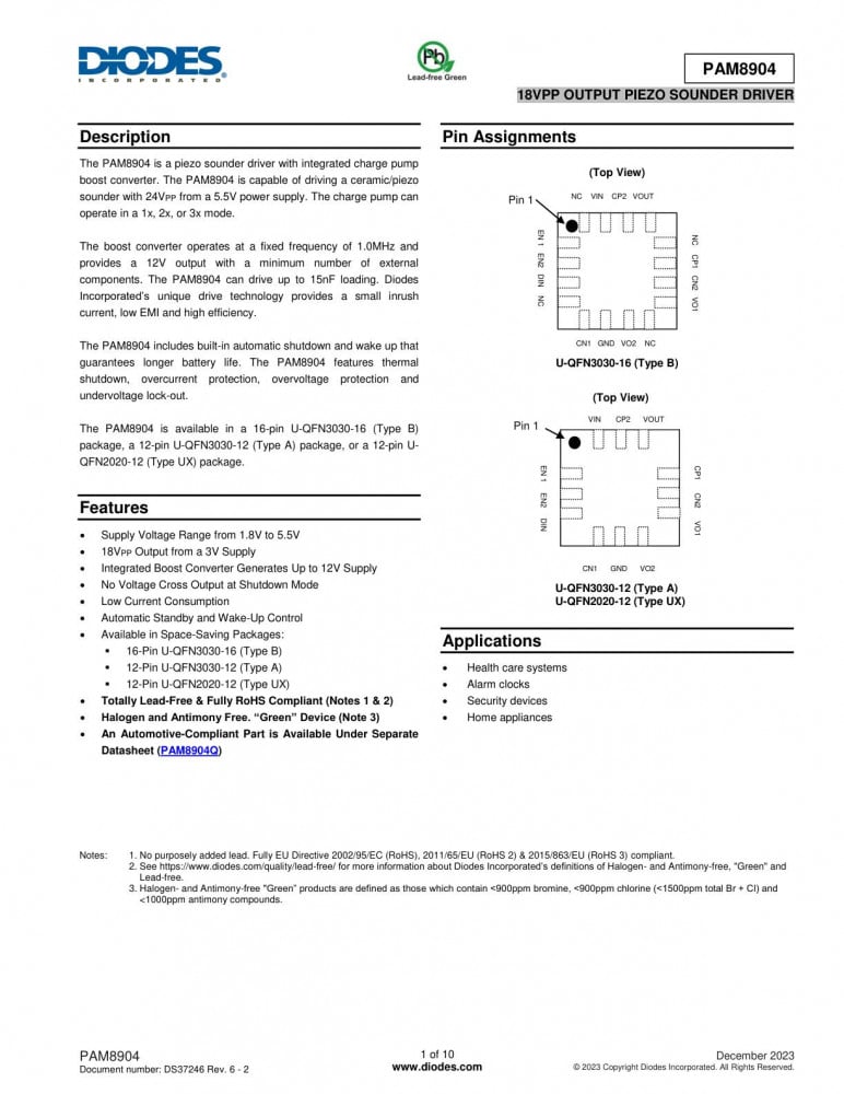 PAM8904JER datasheet page 1
