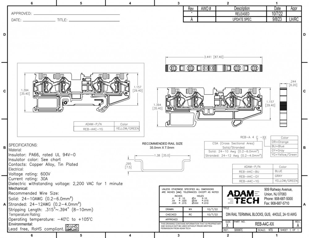 ADAM TECH REB-A4C-XX DIN rail terminal block product drawing