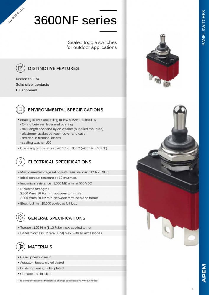 APEM 3600NF series datasheet page 1