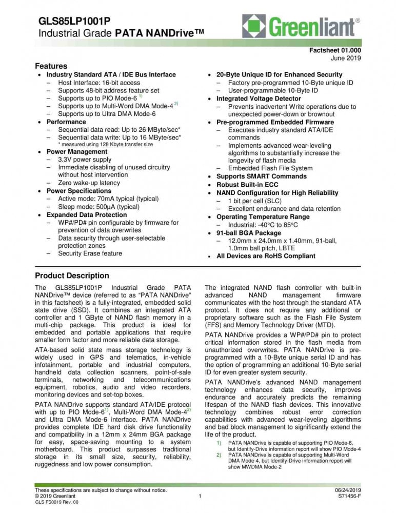 GLS85LP1001P-S-I-LBTE-ND003 factsheet page 1