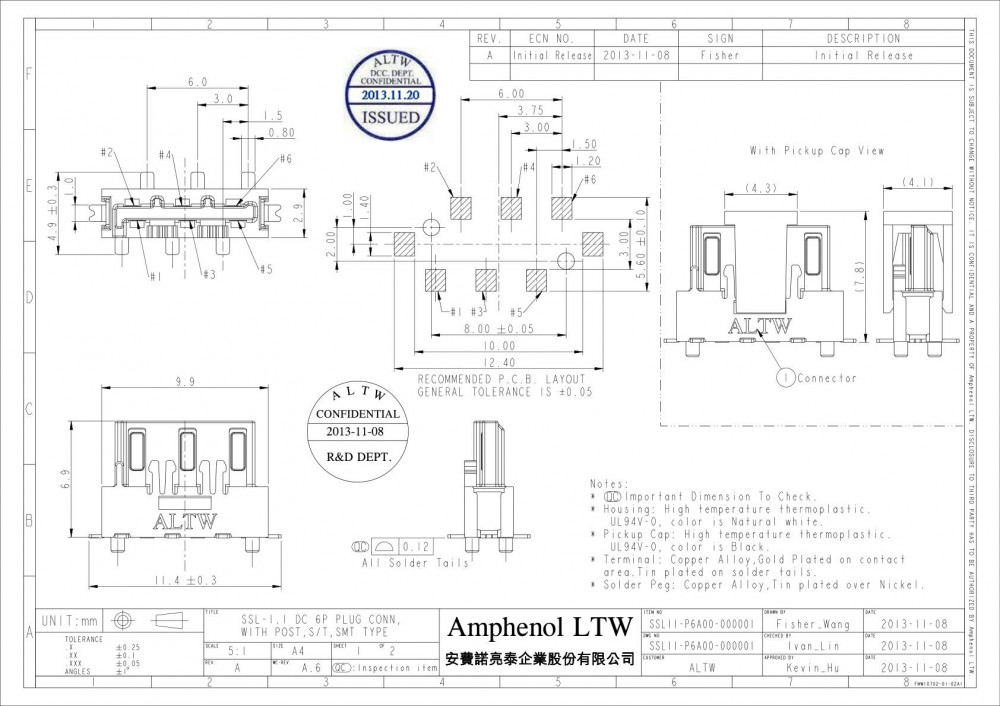 Amphenol SSL11-P6A00-000001 technical drawing page 1