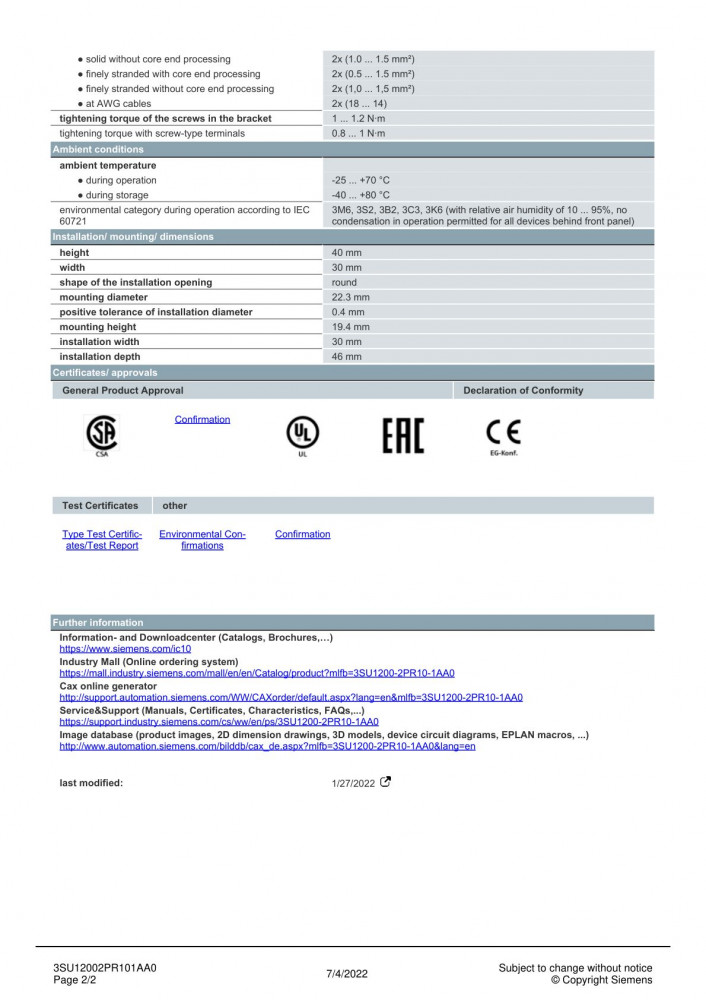 SIEMENS 3SU12002PR101AA0 datasheet page 2