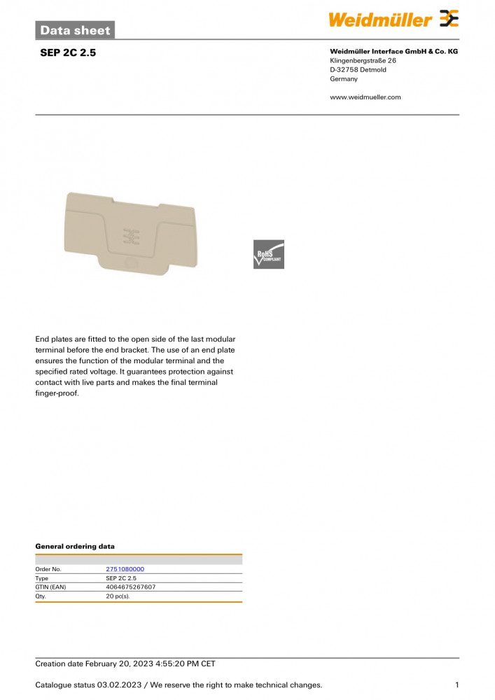 WEIDMULLER 2751080000 technical document page 1