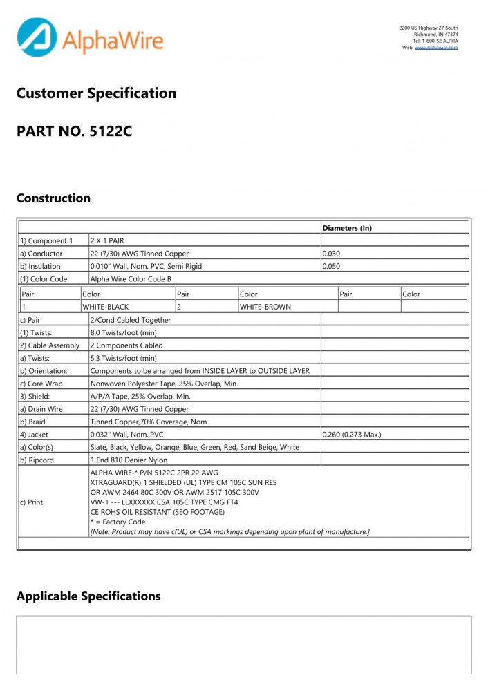 Alpha Wire 5122C SL001 technical specification page 1