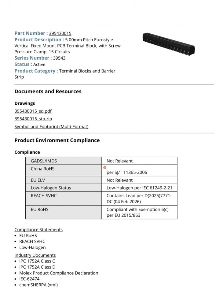 Molex drawing page 1 for material number 395430015