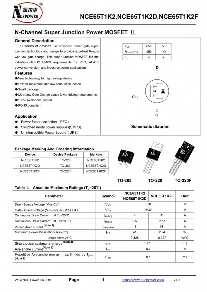 NCE65T1K2F datasheet page 1