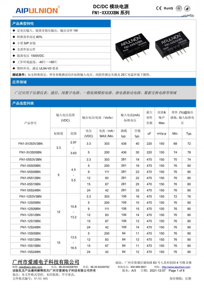 FN1 series datasheet page 1