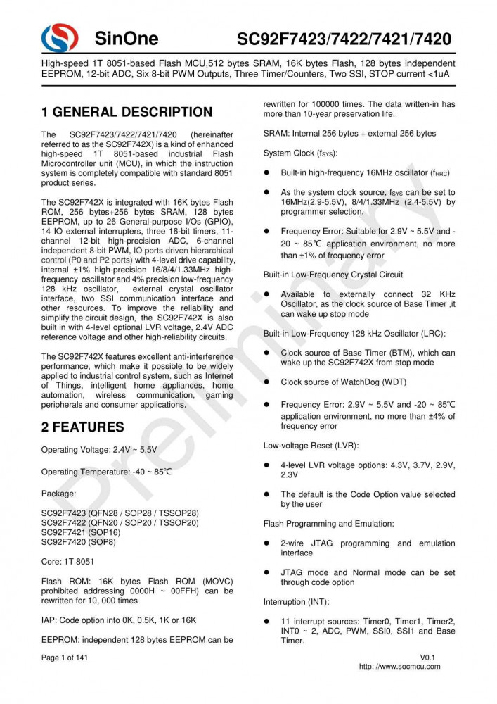 SC92F7422 document preview, page 1
