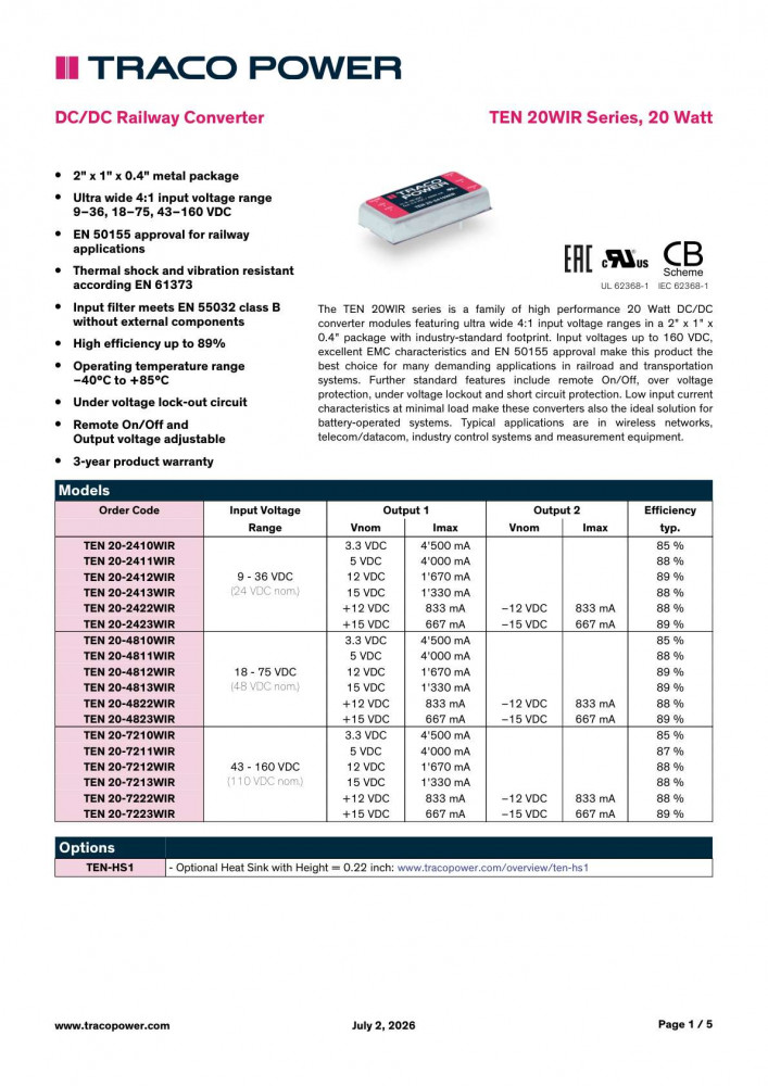 TEN 20WIR technical document page 1