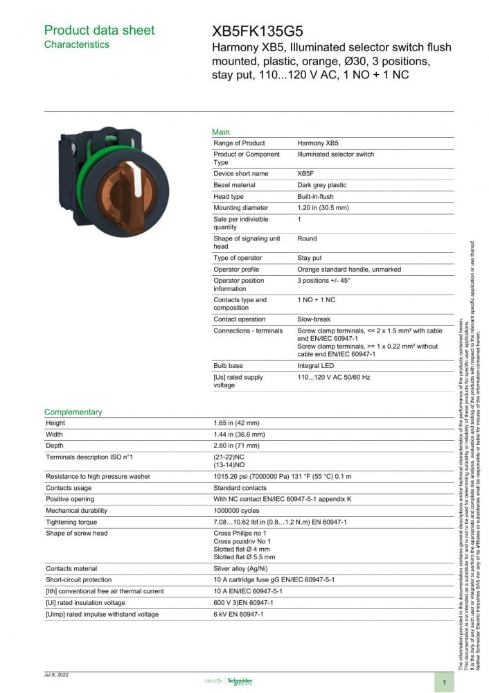 XB5FK135G5 technical document page 1