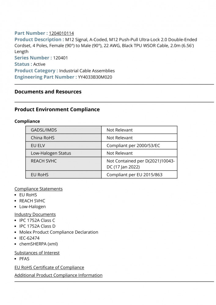 Molex product specification document, page image 1