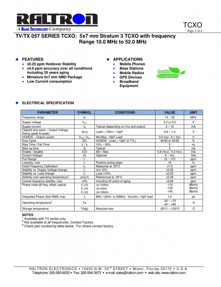 Raltron TV/TX 057 series technical document page 1