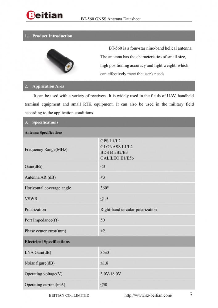 BT-560 GNSS antenna datasheet page 2