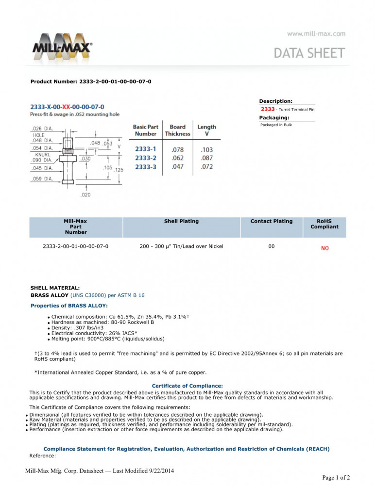 Mill-Max 2333 series technical document page 1