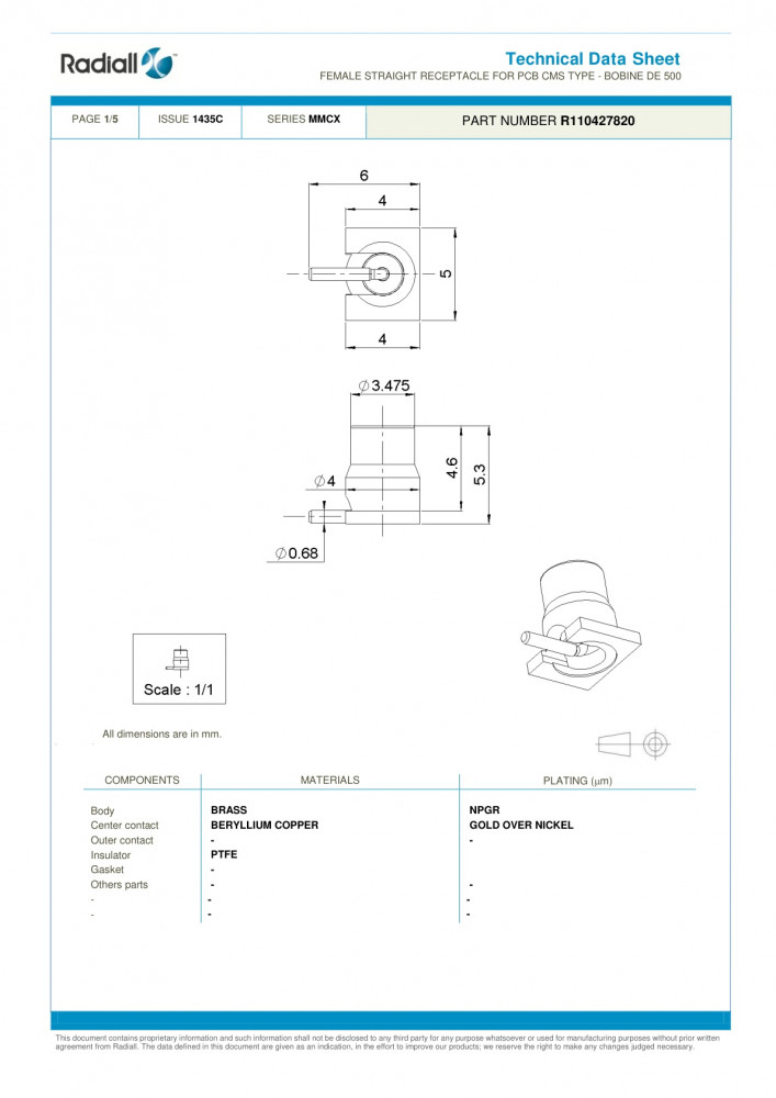 R110427820 datasheet page 1, product drawing and materials