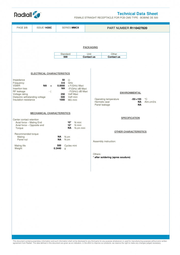 R110427820 datasheet page 2, electrical and mechanical specifications
