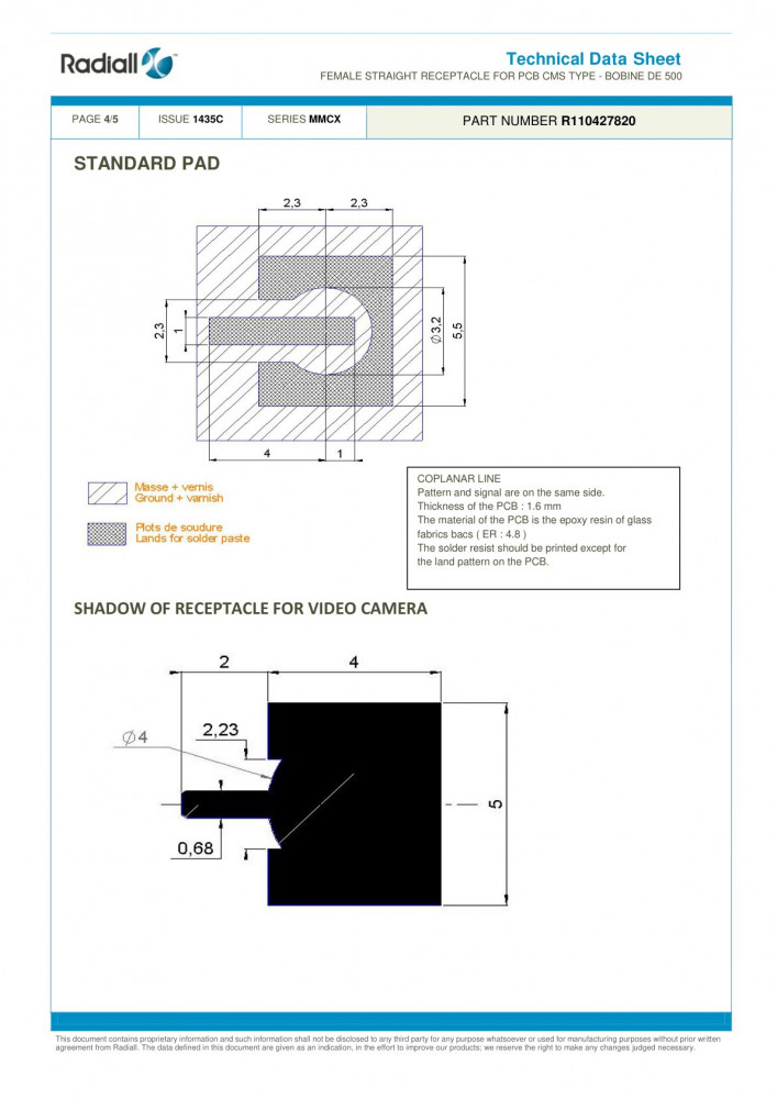 R110427820 datasheet page 4, standard pad and coplanar-line layout