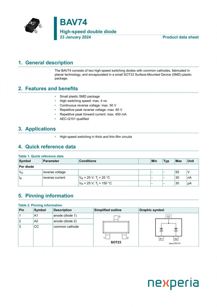 BAV74 datasheet page 1