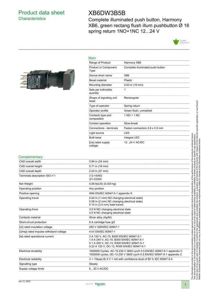 XB6DW3B5B technical document page 1