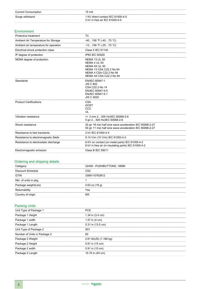 XB6DW3B5B technical document page 2