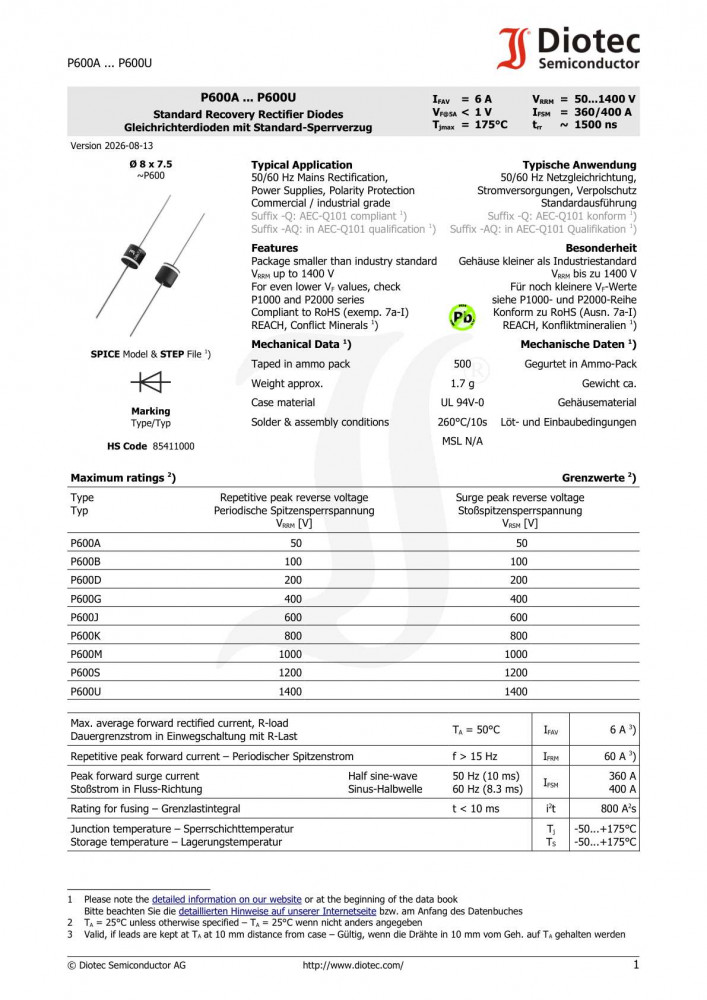DIOTEC P600 series datasheet page 1