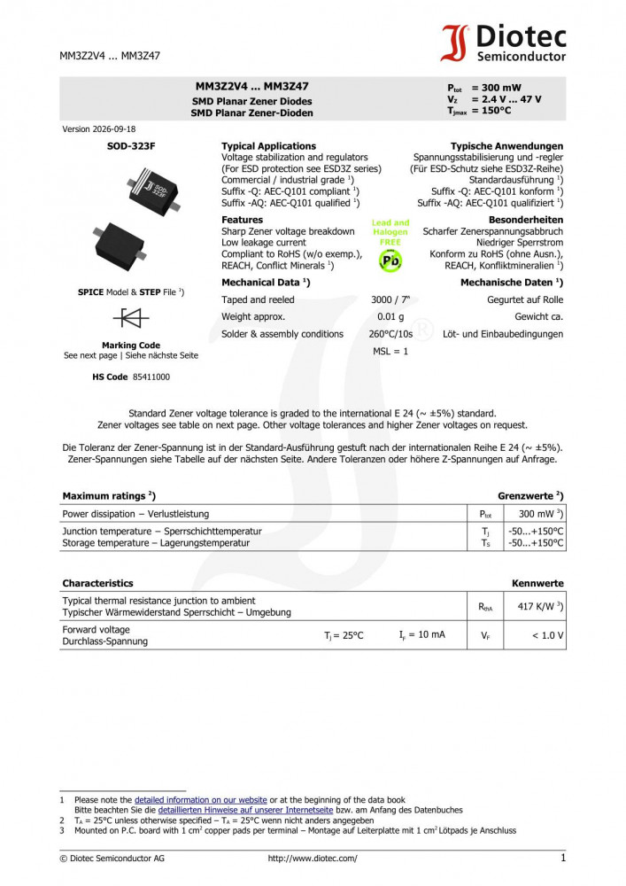 DIOTEC MM3Z series datasheet page 1