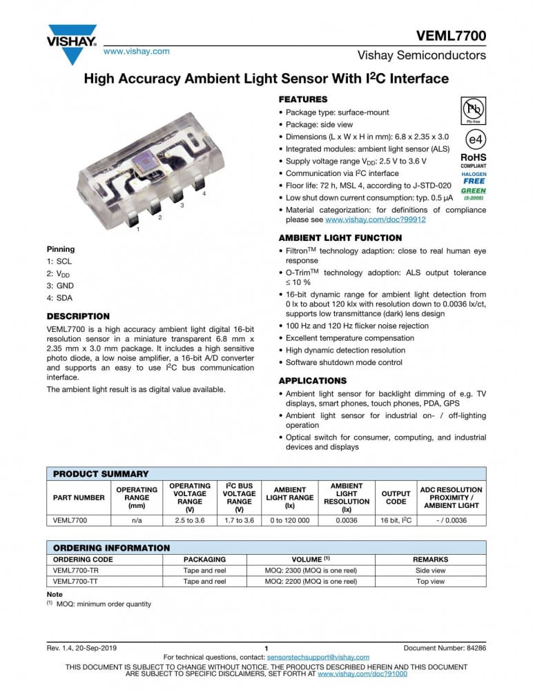 VEML7700-TR datasheet page 1