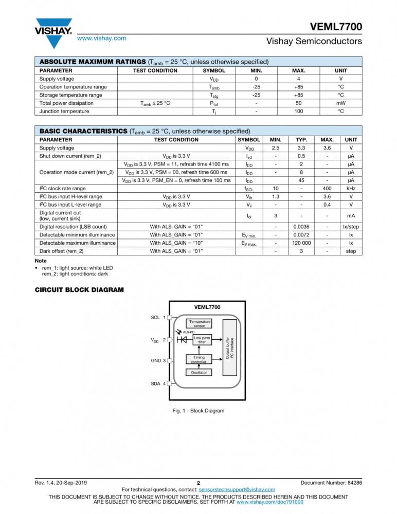 VEML7700-TR datasheet page 2