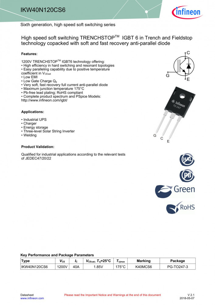 IKW40N120CS6 datasheet page 1