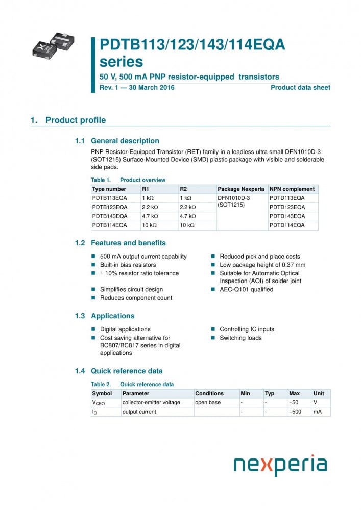 PDTB113EQA datasheet page 1