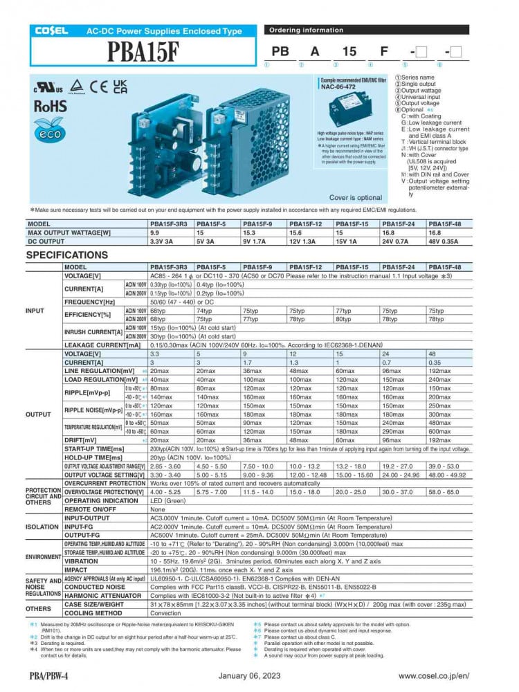 Cosel PBA series datasheet page 4