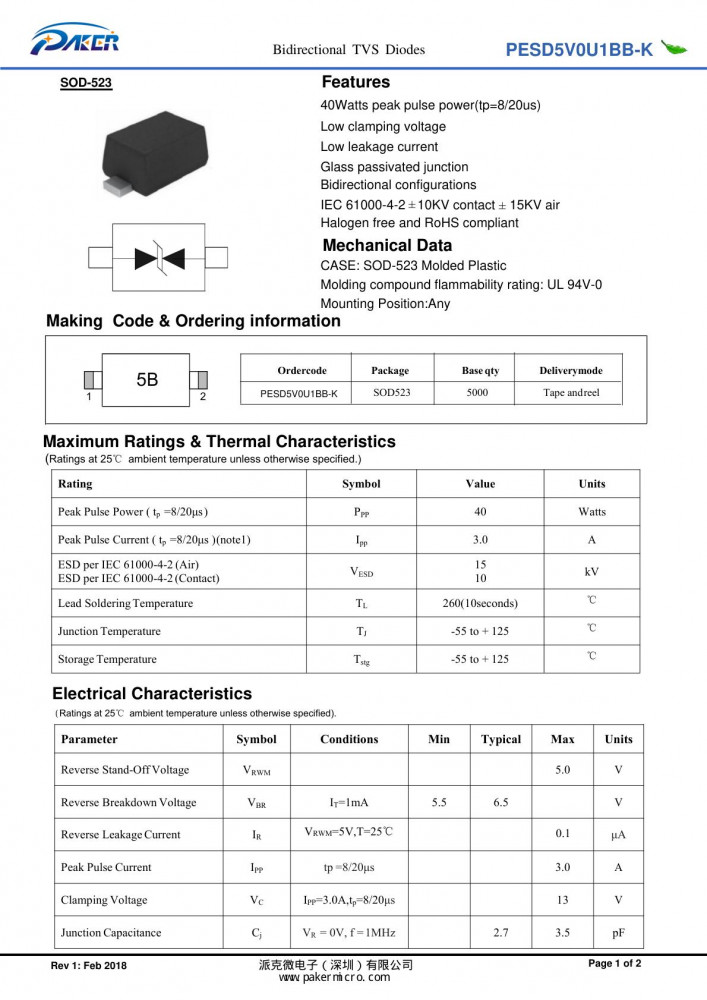PESD5V0U1BB-K datasheet page 1