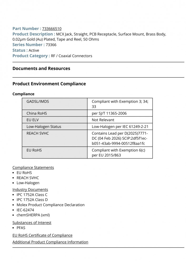 Technical document page 1 for MOLEX 733666510