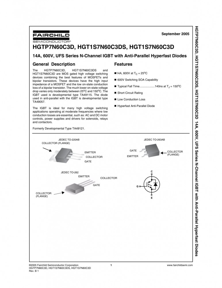 HGTP7N60C3D datasheet page 1