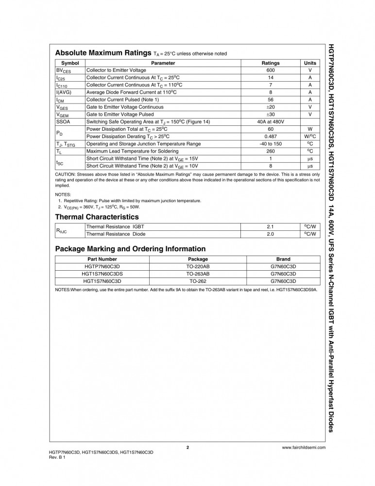 HGTP7N60C3D datasheet page 2