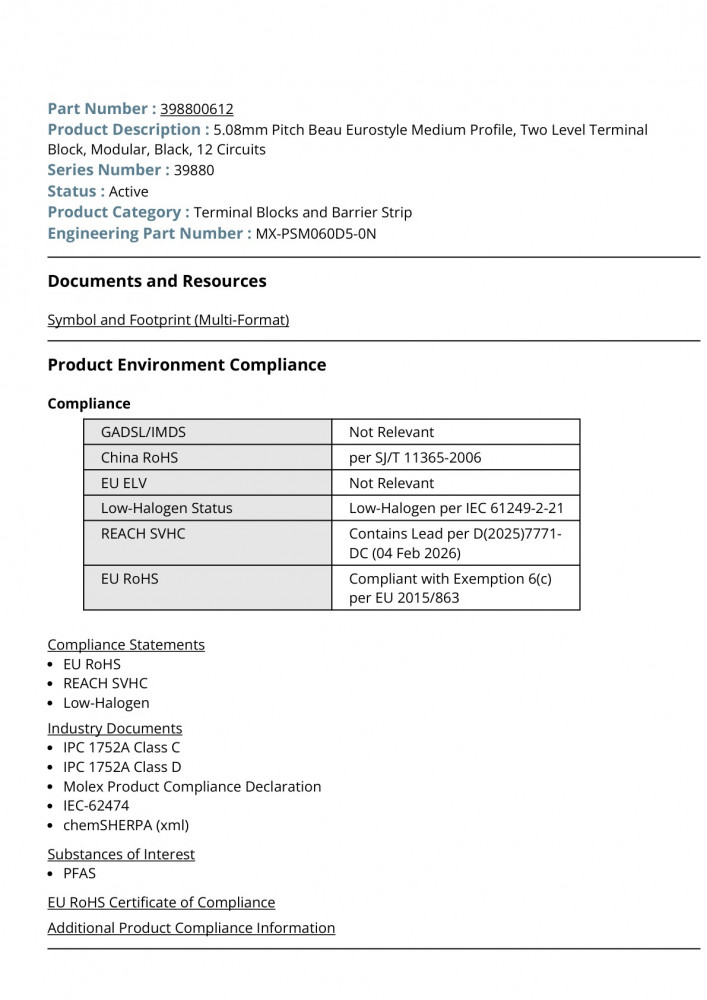 MOLEX 398800612 technical document page 1