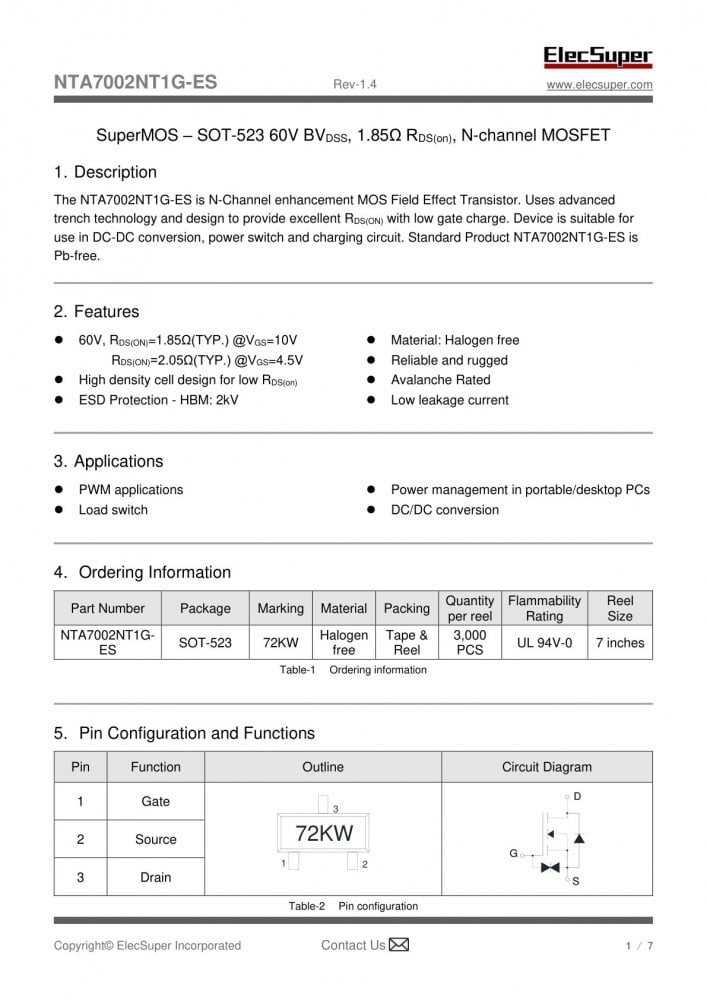 NTA7002NT1G-ES datasheet page 1