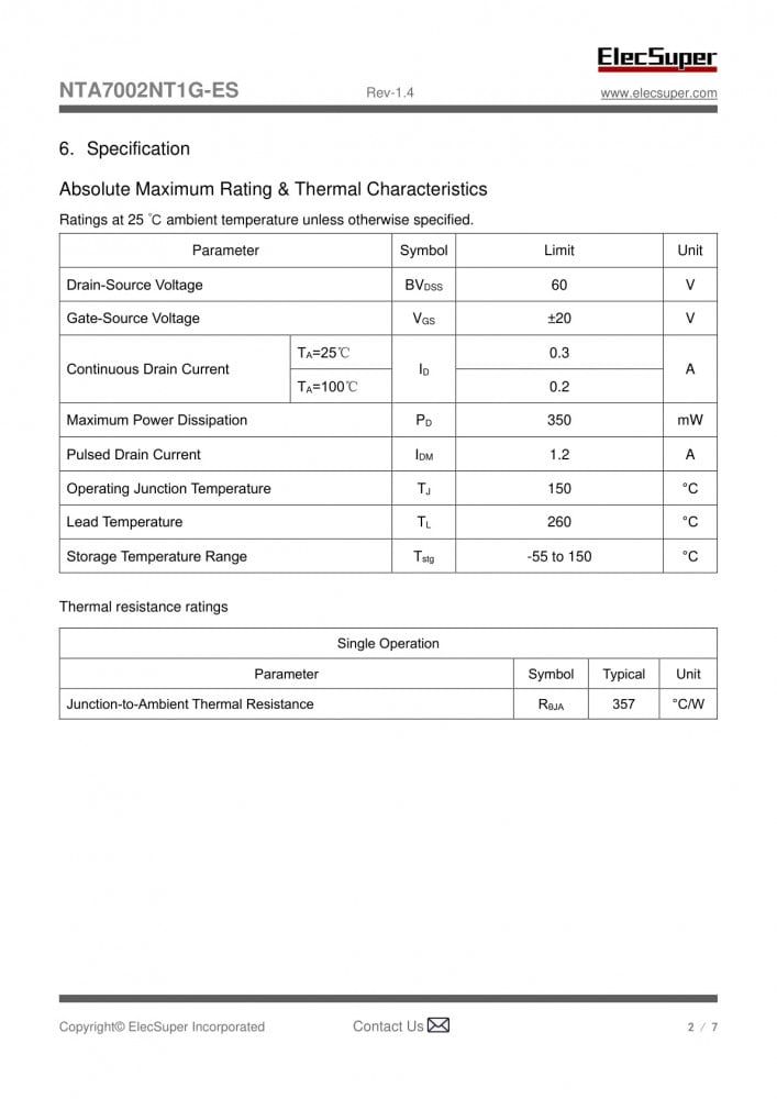 NTA7002NT1G-ES datasheet page 2